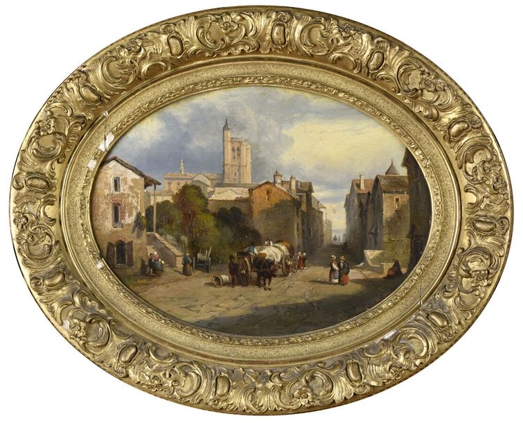 Horace Antoine Fonville | Lively scene in the village near the tower ...