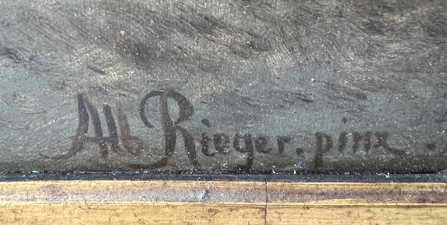 Albert Rieger | Landschaft mit Blockhaus am Wasserfall, umgeben von ...