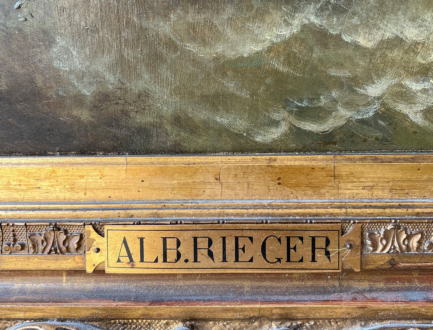 Albert Rieger | Landschaft mit Blockhaus am Wasserfall, umgeben von ...