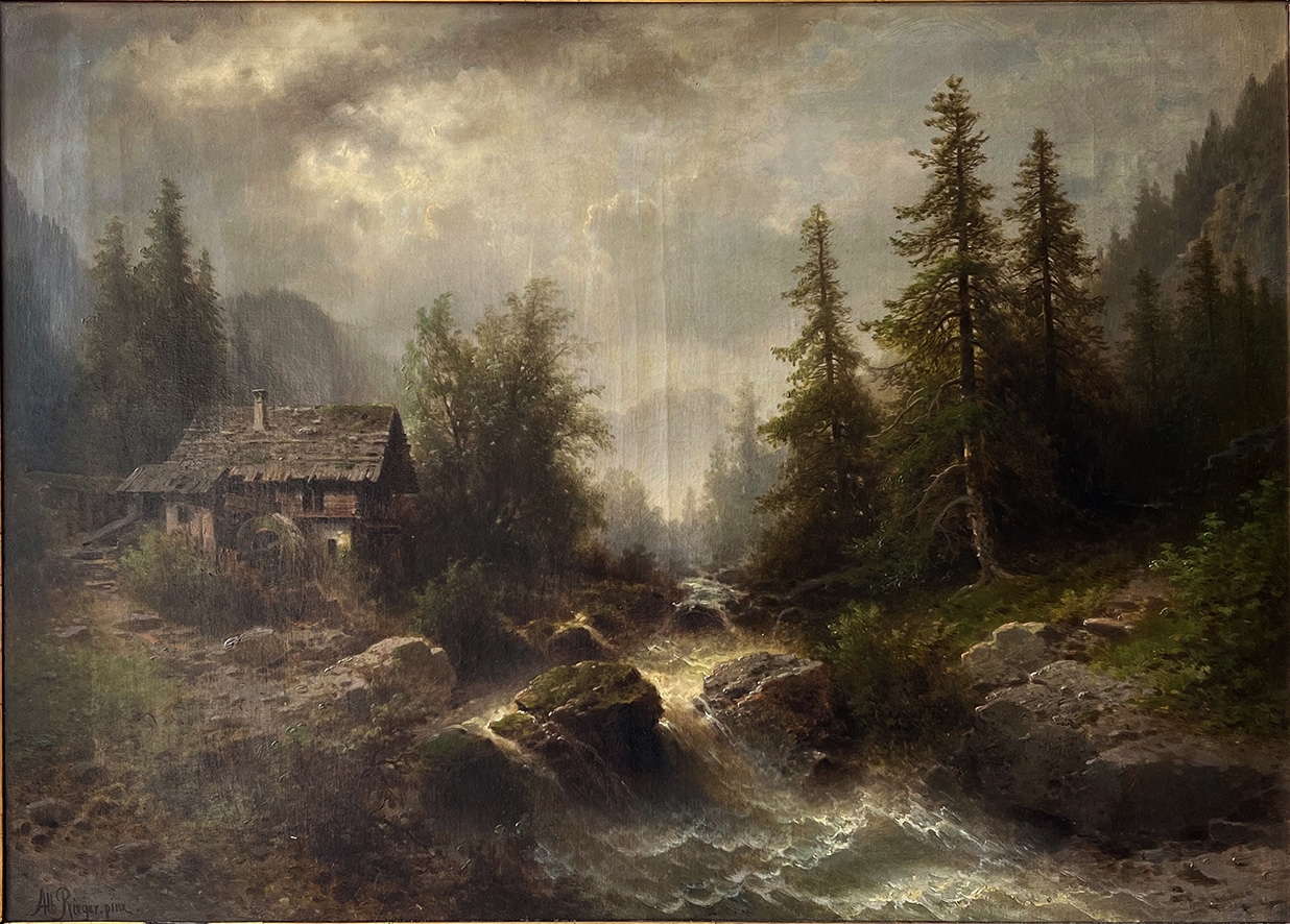 Albert Rieger | Landschaft mit Blockhaus am Wasserfall, umgeben von ...
