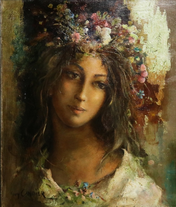 Guy Cambier | Portrait of a young girl with a crown of flowers | MutualArt