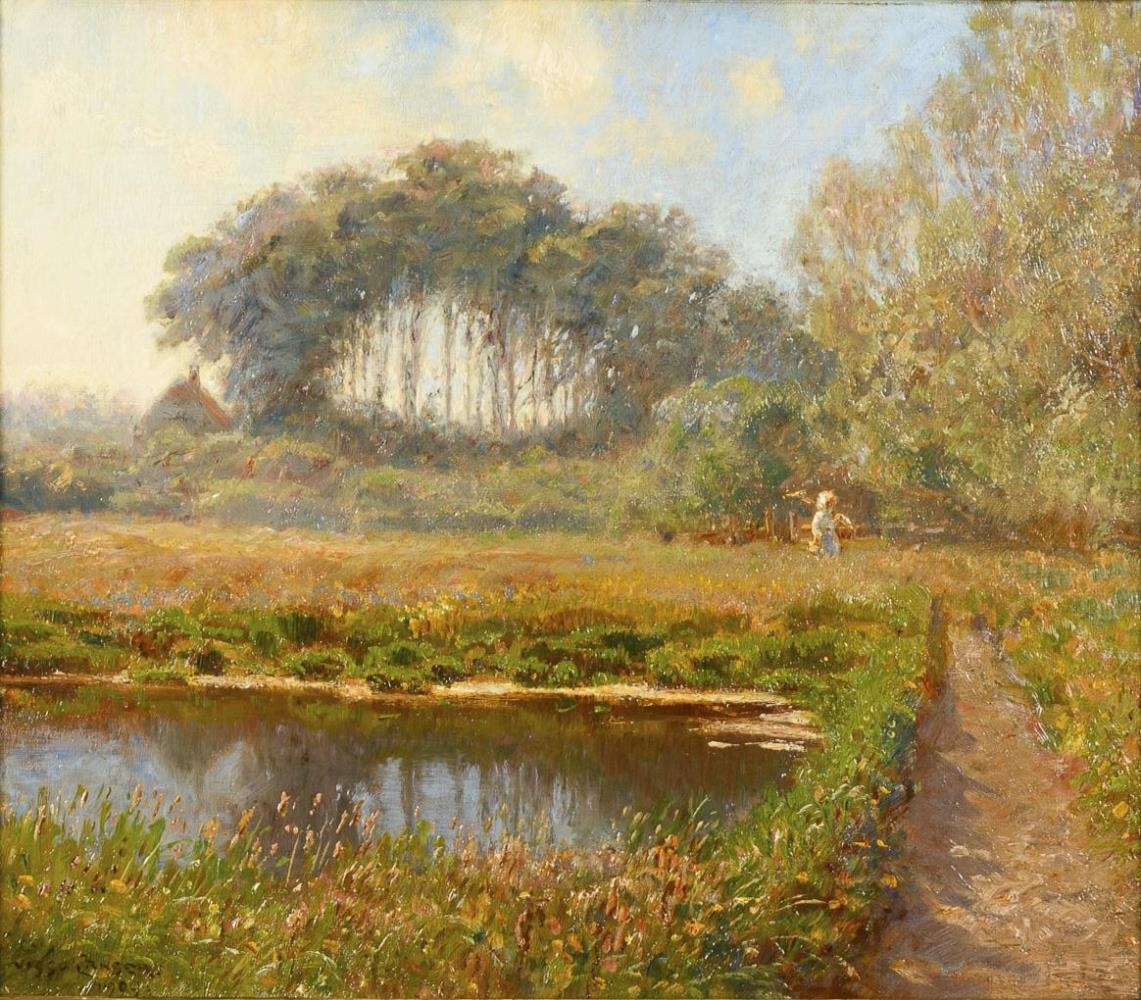 Viggo Langer | Sunny landscape with pond (1909) | MutualArt
