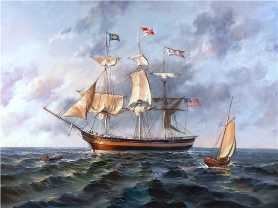 Robert Sanders | American ship on open waters, three masts with sails ...