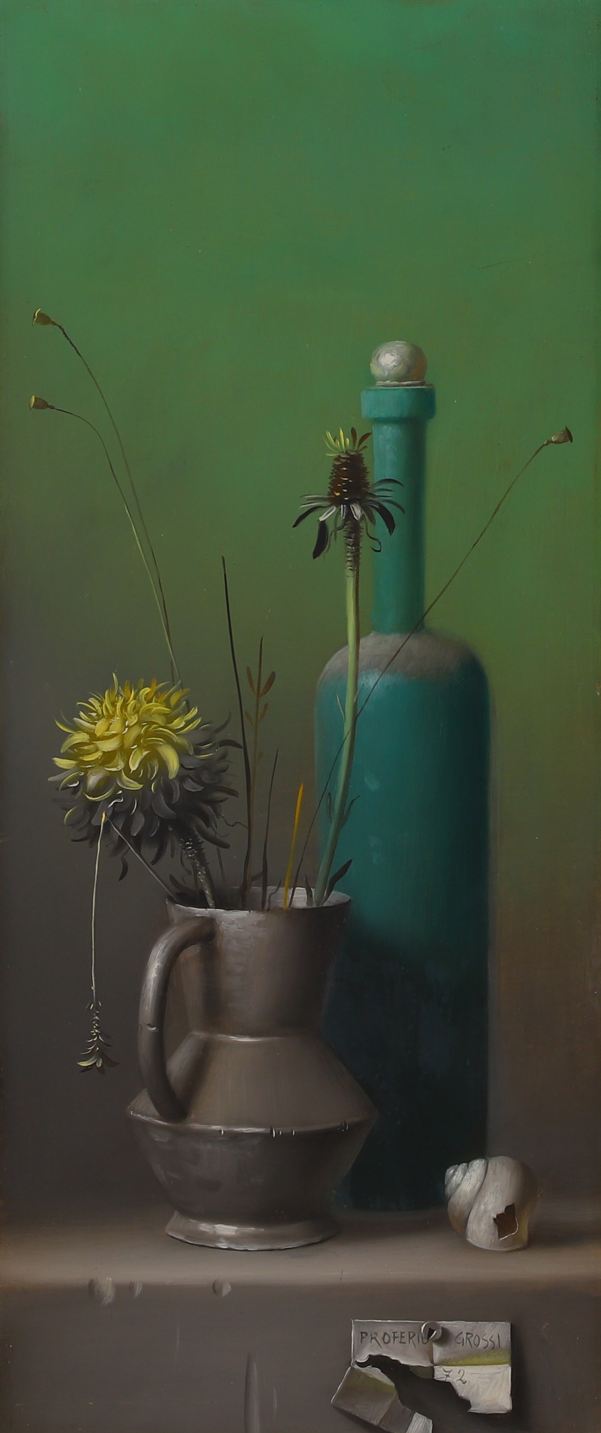 Proferio Grossi | Jug of flowers a shell and bottle (1972) | MutualArt