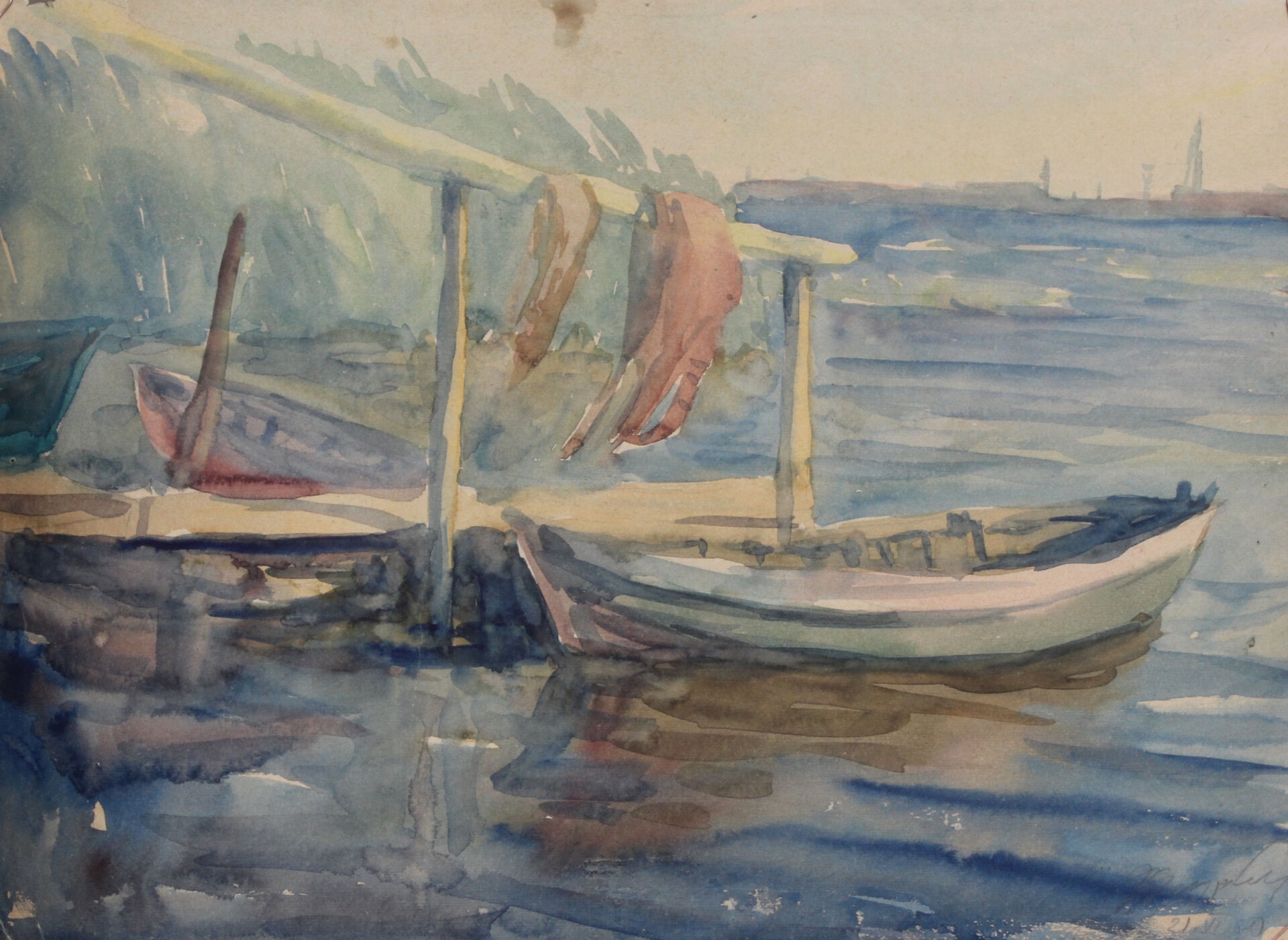 Dzidra Ezergaile | Two-sided watercolor - Portrait/Boats (1980) | MutualArt