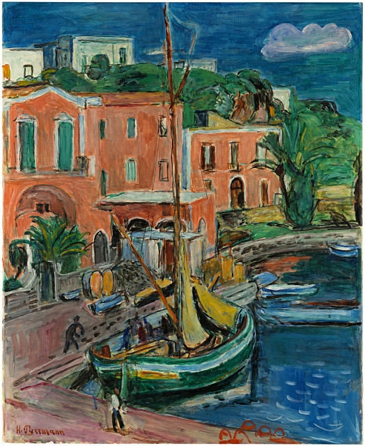 Hans Purrmann | Segelboot im Hafen (1958) | MutualArt