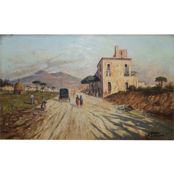 Vincenzo Canino | View of Vesuvius with road, characters, houses and ...
