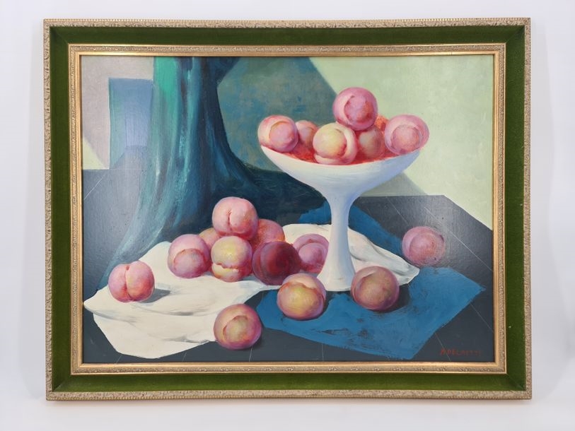 Marcel Delmotte | Nature morte aux pêches au pied d'un tronc d'arbre ...