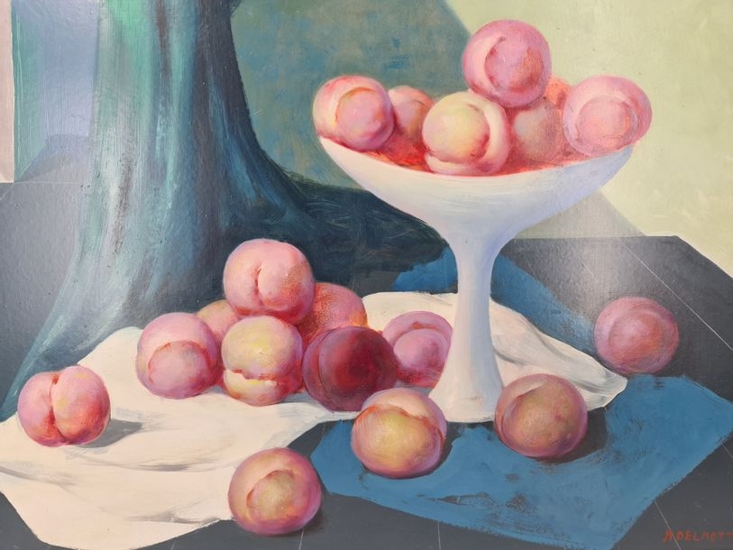 Marcel Delmotte | Nature morte aux pêches au pied d'un tronc d'arbre ...