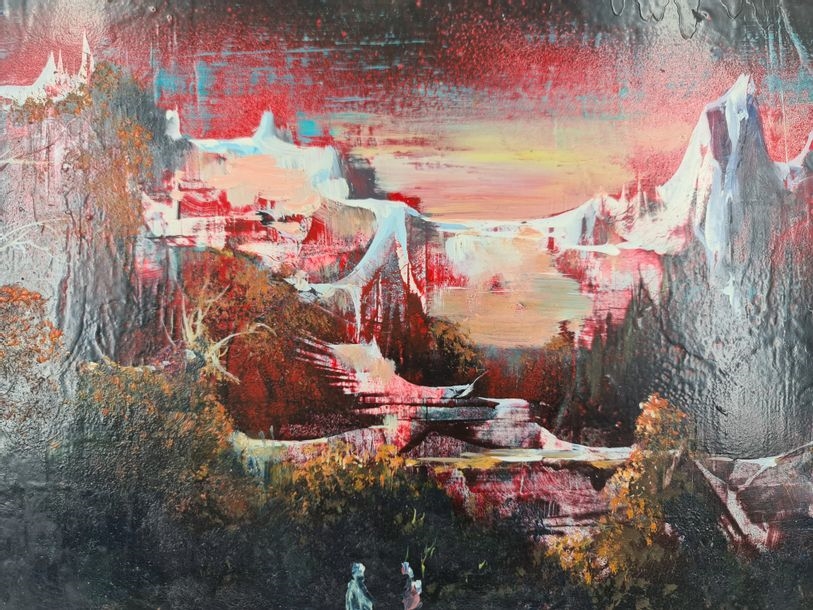 Marcel Delmotte | Ladies at the foot of a surrealist landscape | MutualArt