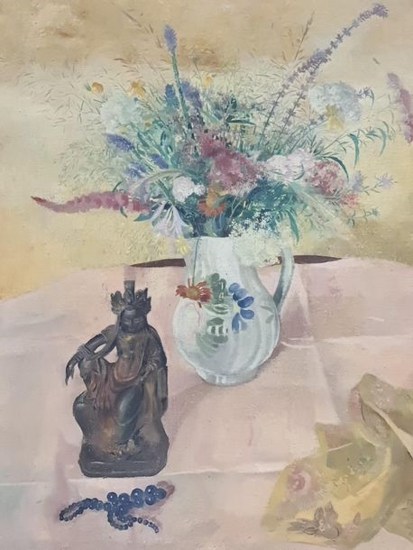 Edmond Delescluze | Still life with flowers and Chinese statue | MutualArt
