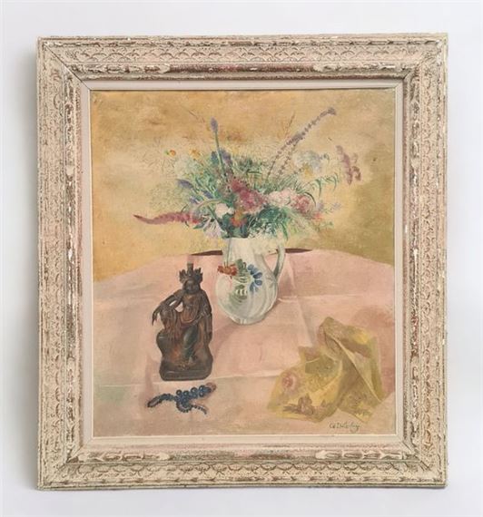 Edmond Delescluze | Still life with flowers and Chinese statue | MutualArt