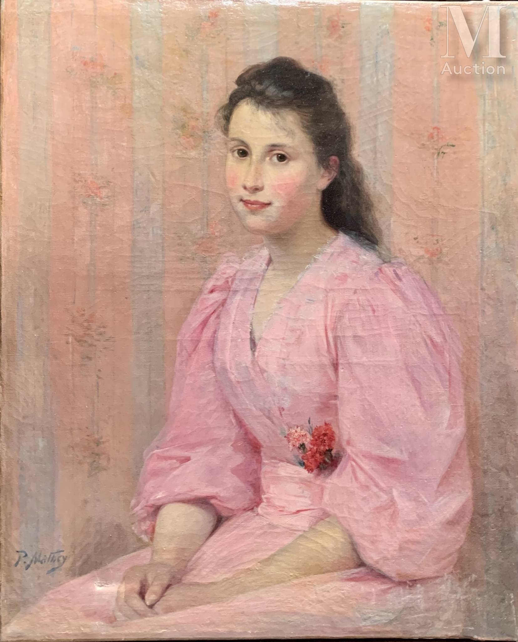 Paul Mathey | Portrait de jeune femme à la robe rose | MutualArt