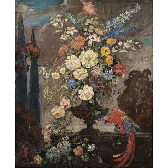 Geoffrey Holt | Still life with Flowers and Macaw | MutualArt