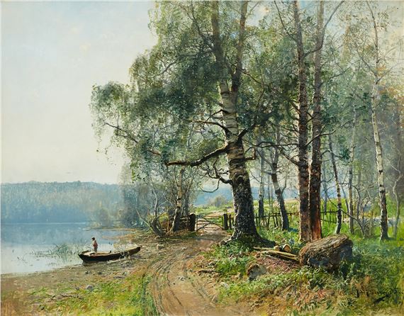 Johan Kindborg | Försommarlandskap med metande gosse i eka | MutualArt