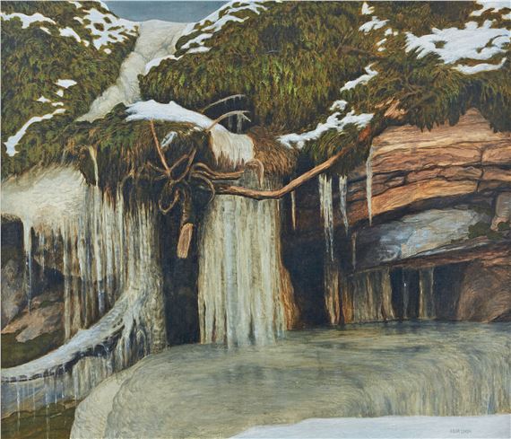 Bror Lindh | Fruset vattenfall i norskt skogslandskap | MutualArt