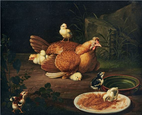 Wenzel Peter | Hen and chicks in a garden | MutualArt