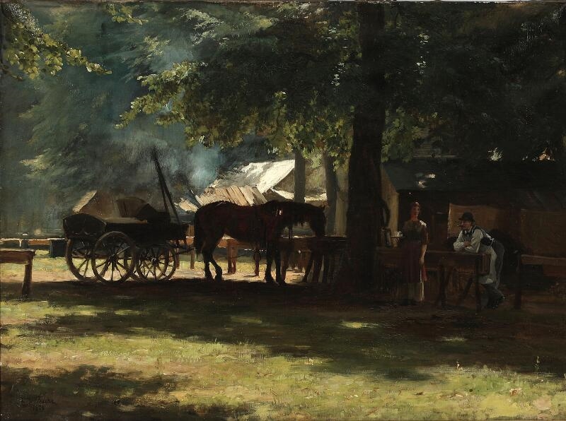 Otto Bache | A horse is watered by an inn in the woods (1878) | MutualArt