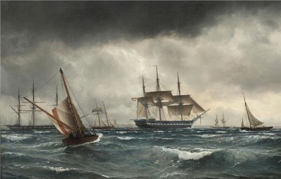Emanuel Larsen | Seascape with sailingships in looming weather (1850 ...