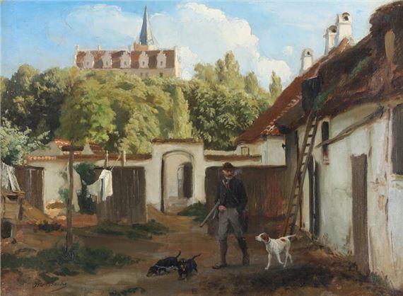 Otto Bache | Scenery from Tranekær Slot with a hunter and his dogs ...