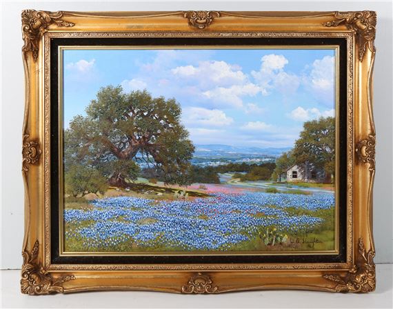 W.A. Slaughter | Texas Barn and Bluebonnets Landscape | MutualArt