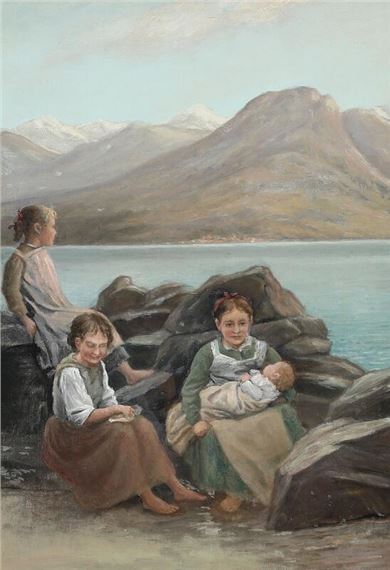 Wenzel Tornøe | Mountain scenery with girls sitting at a lake | MutualArt