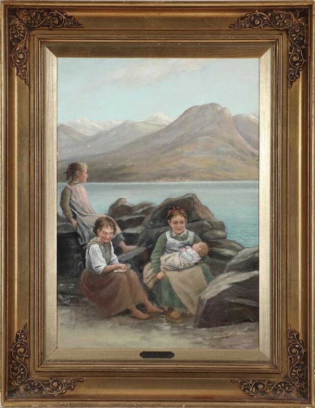 Wenzel Tornøe | Mountain scenery with girls sitting at a lake | MutualArt