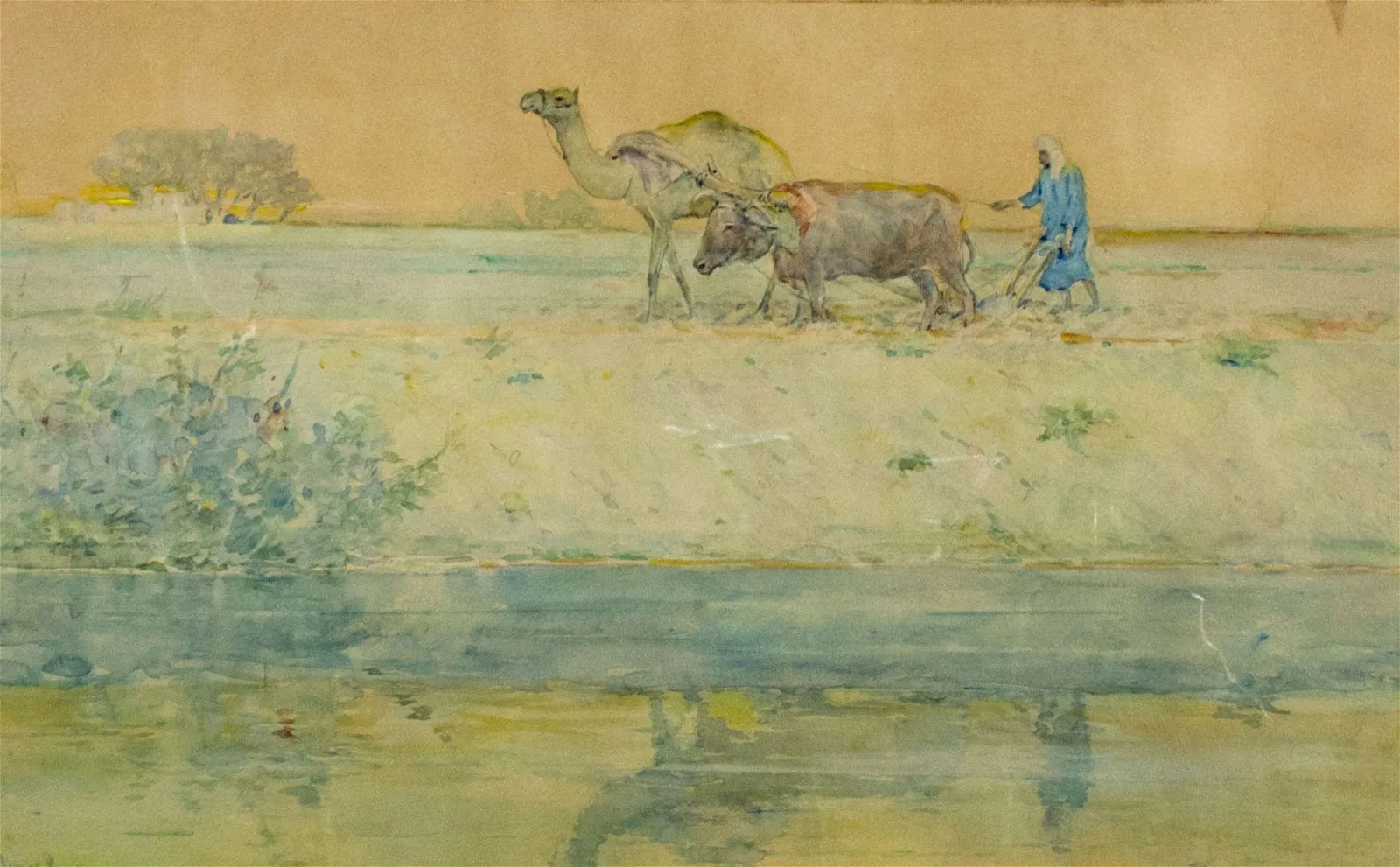 Henry Bacon | Orientalist Man with Camel and Buffalo (1911) | MutualArt