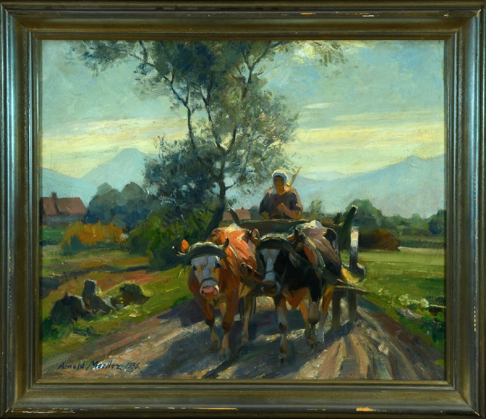 Arnold Moeller | Eine Bäuerin fährt mit ihrem Ochsengespann durch eine ...