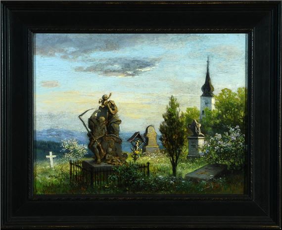 Eduard Leonhardi | Blick auf einen Friedhof mit Chronos-Skulptur ...