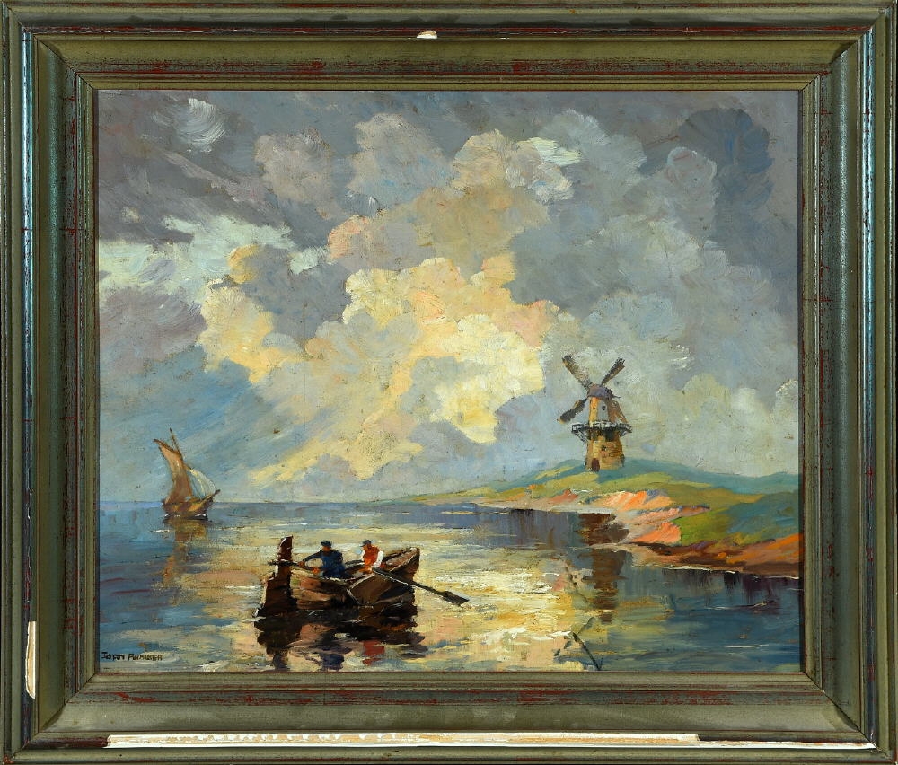 Joan Anacker | Fischerboot an holländischer Küste mit Windmühle | MutualArt