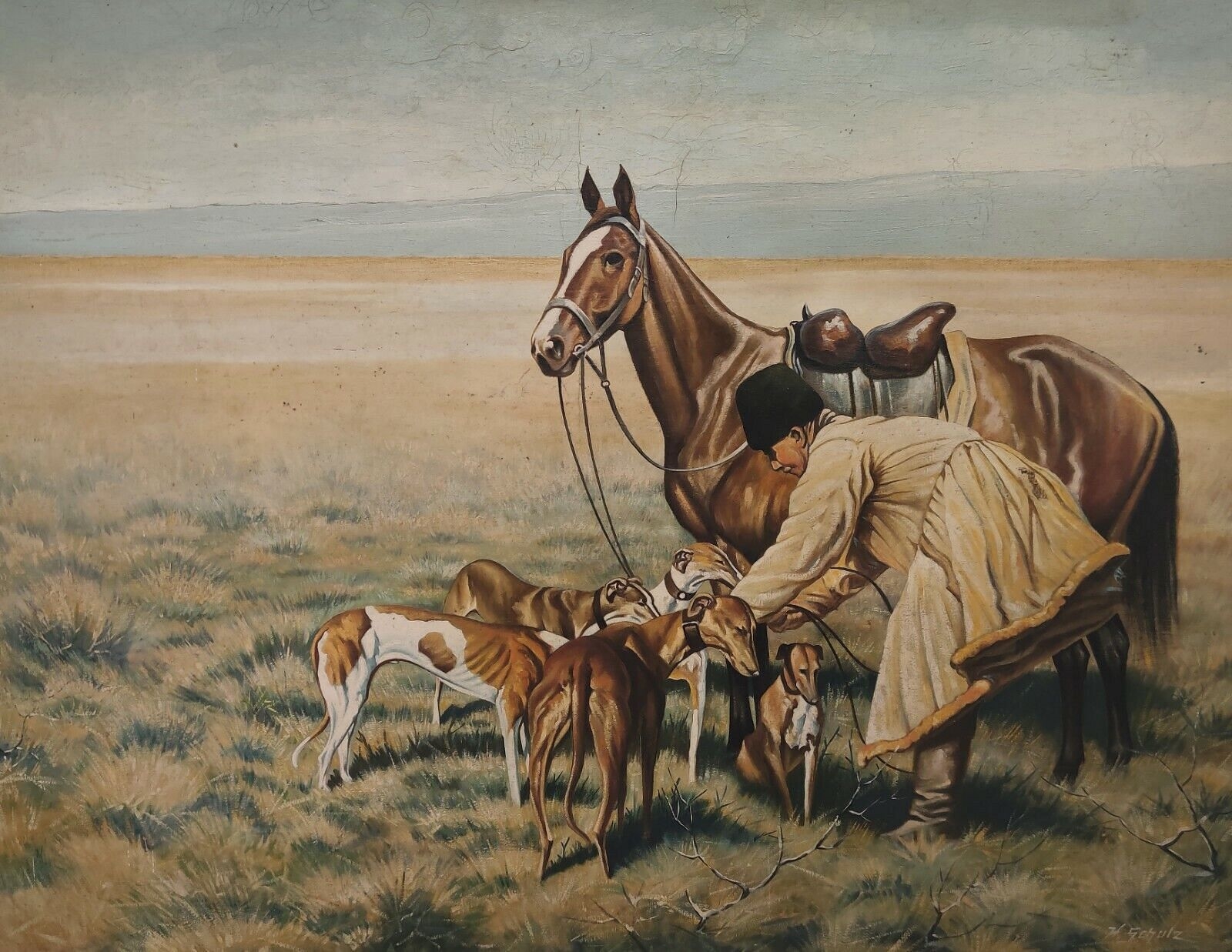 H. Schulz | RIDER COSSACK HORSE DOGS STEPPE PAINTING | MutualArt