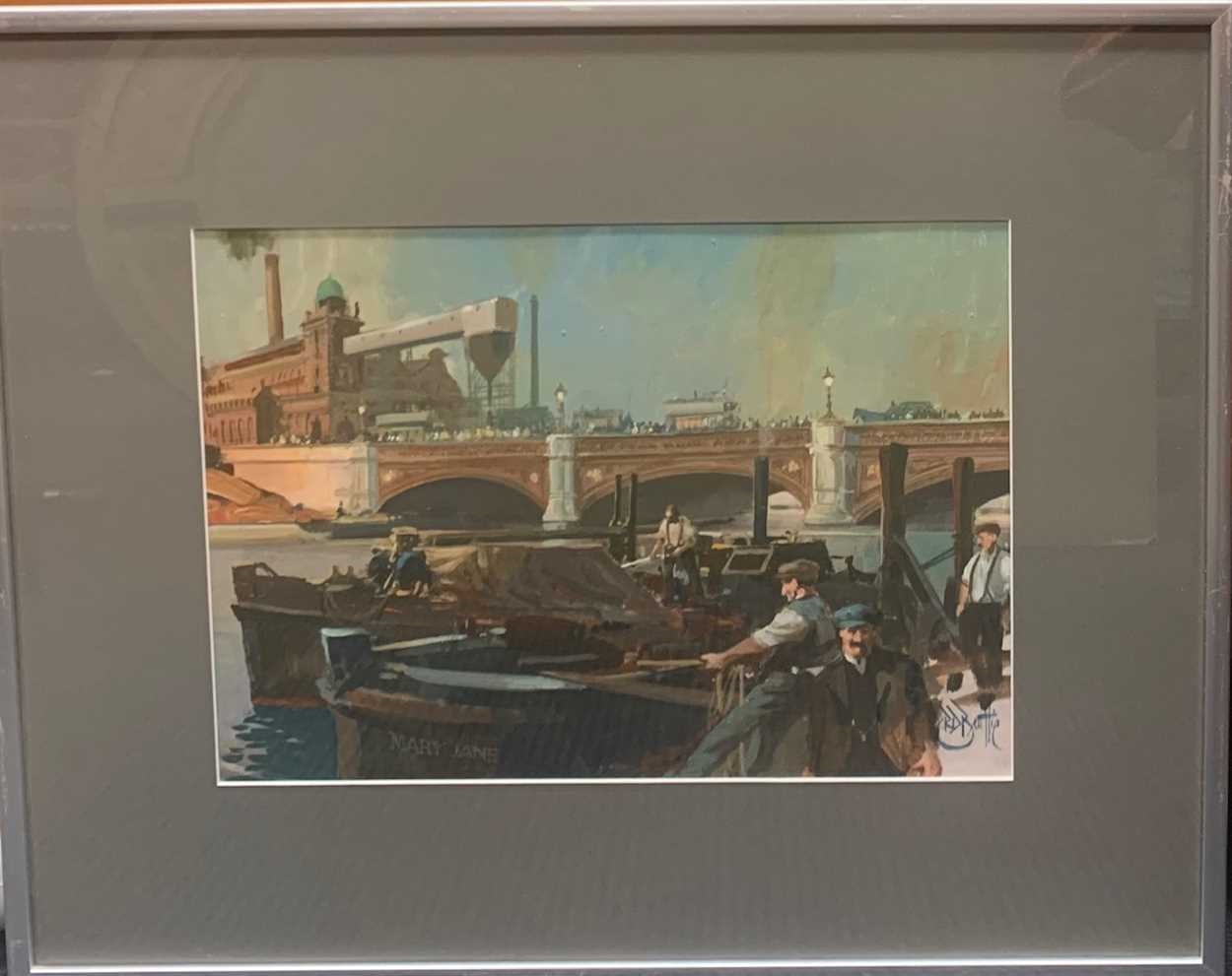Robert B. Beattie | Men unloading barges at a wharf, with a view of ...