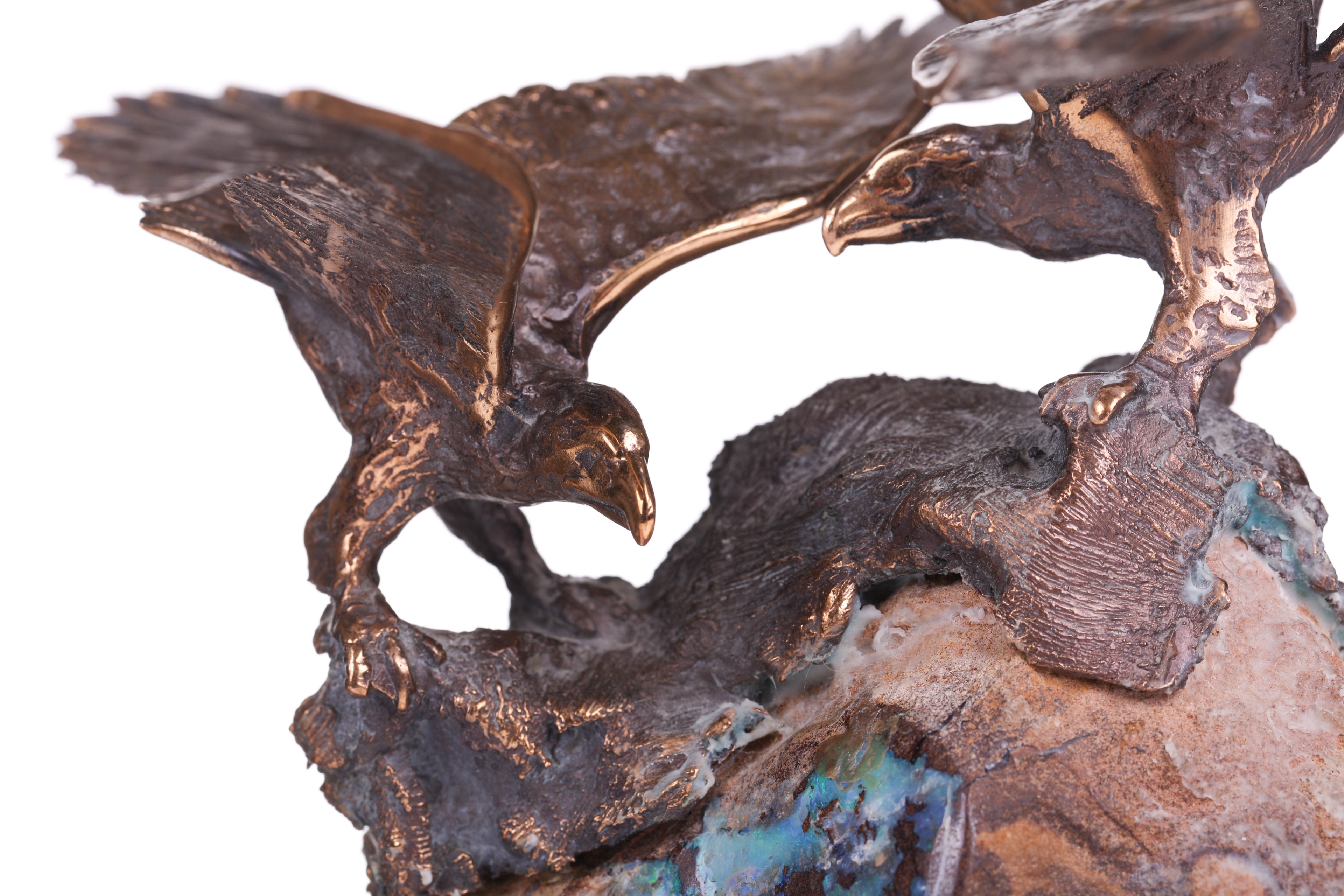 Chris Gavins | two cast metal sculptures depicting birds on opal-set ...