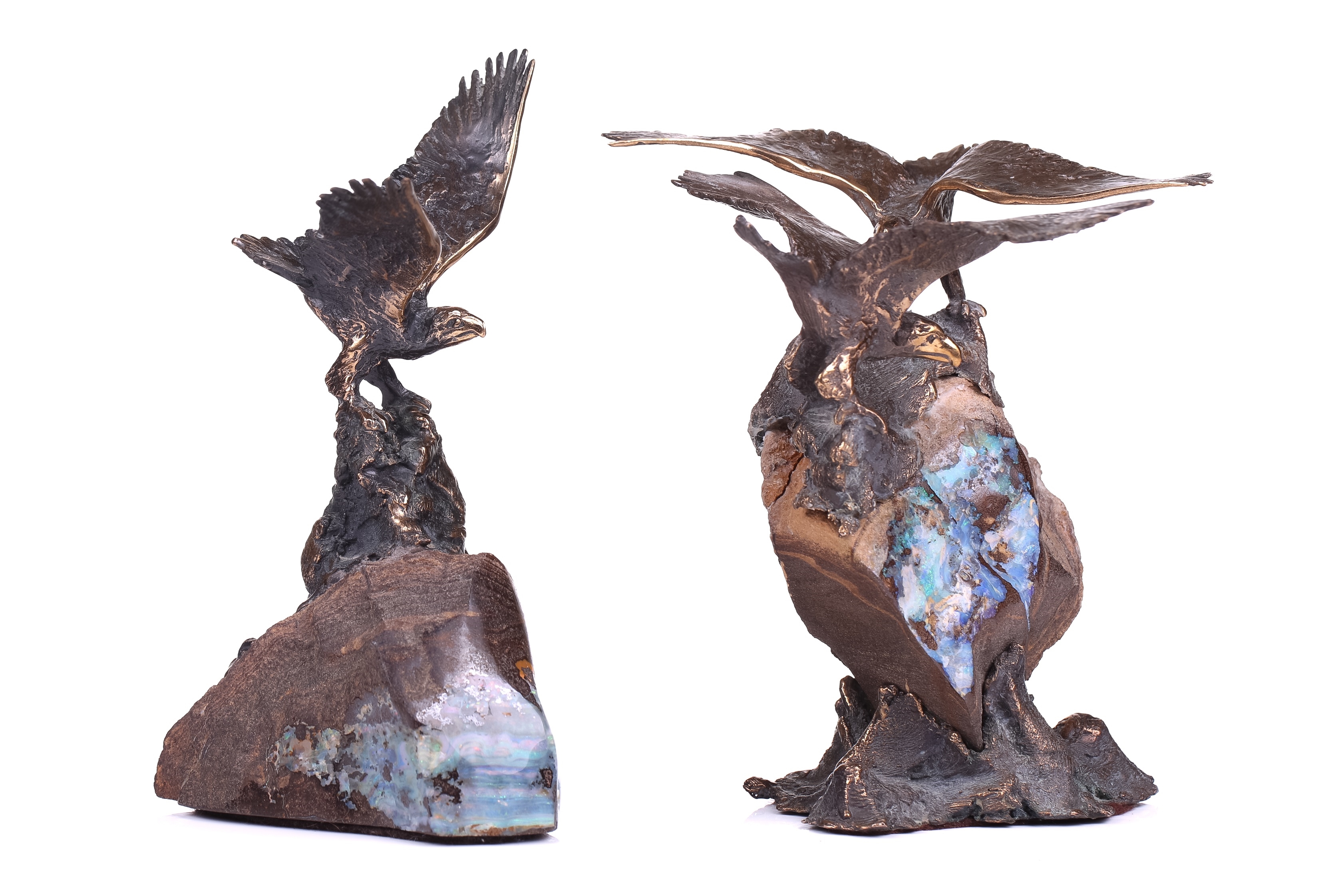 Chris Gavins | two cast metal sculptures depicting birds on opal-set ...