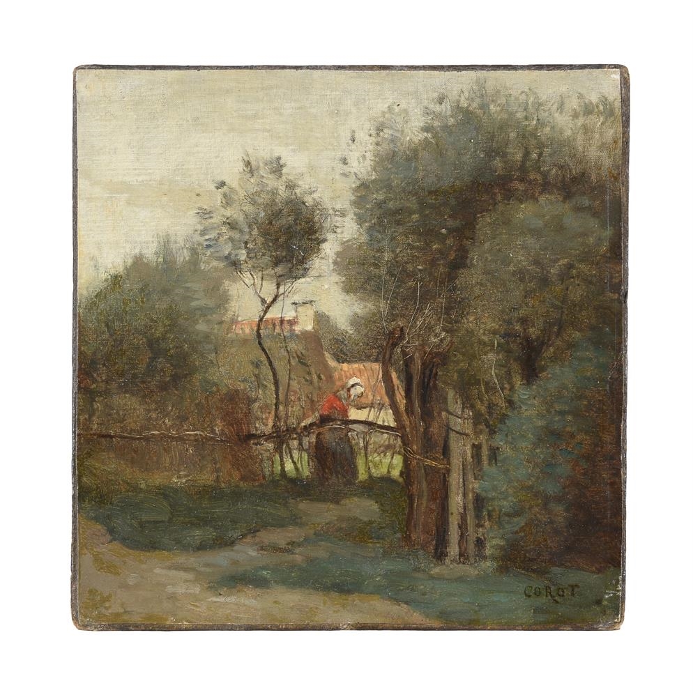 Jean Baptiste Camille Corot | FIGURE BY A FENCE IN A WOODED LANDSCAPE ...