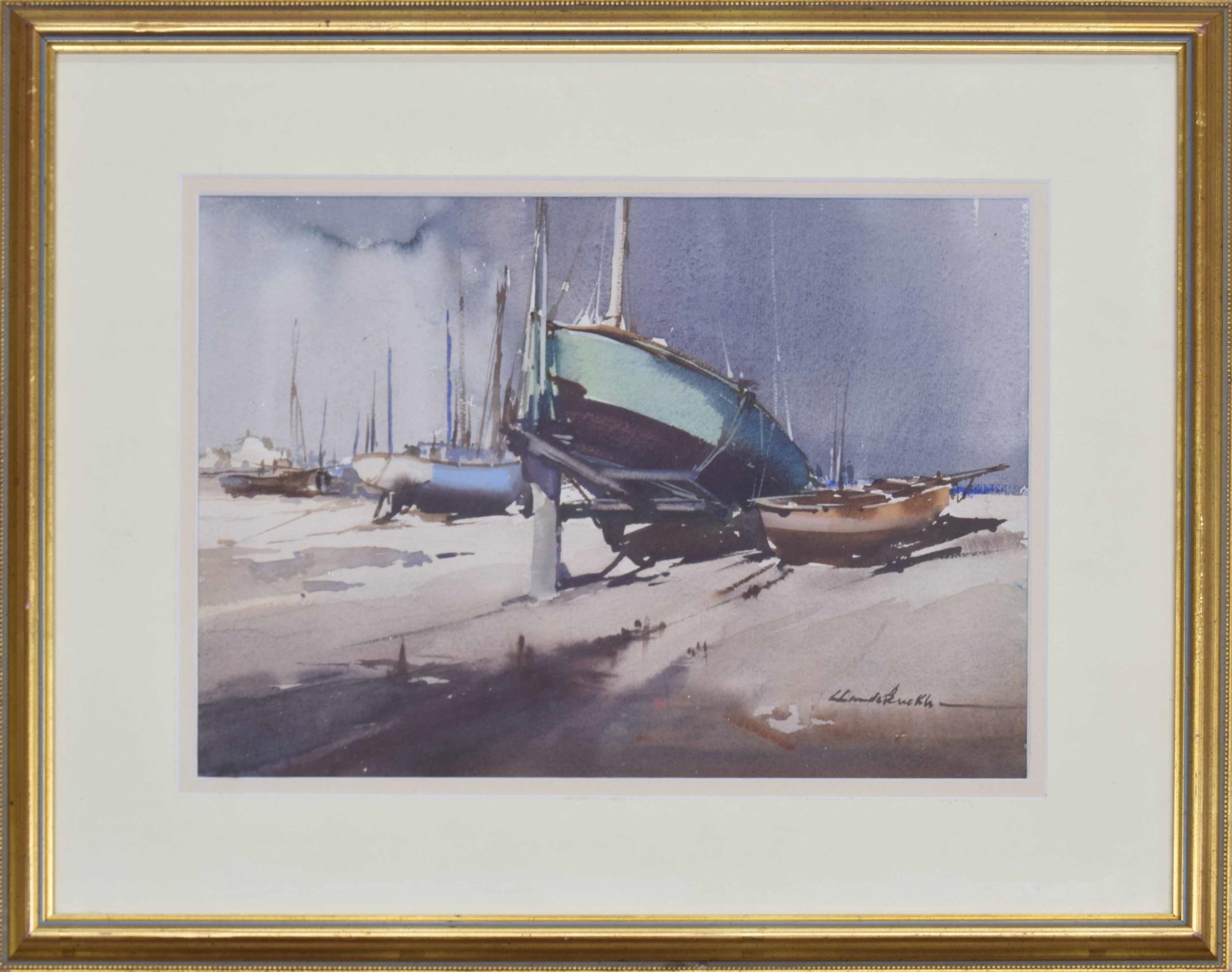Claude Buckle | - Beach scene at low tide with boats and yachts moored ...