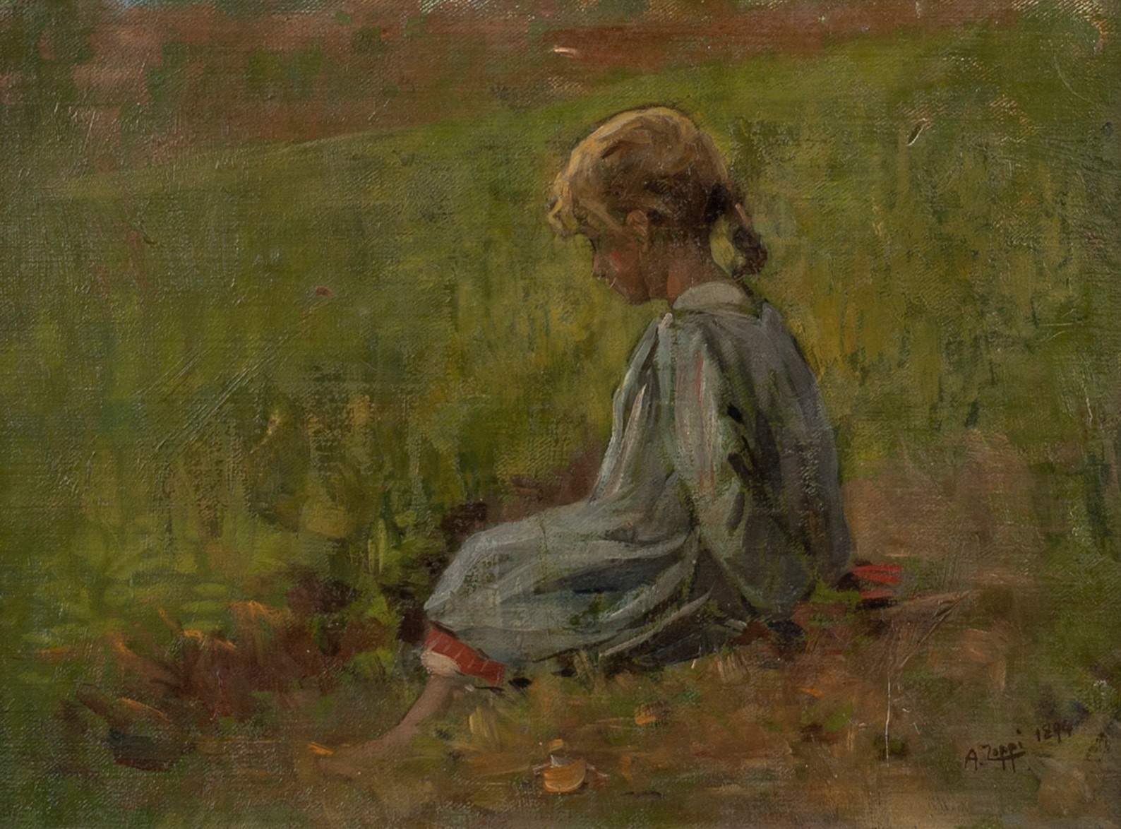 Antonio Zoppi | Little girl in a meadow (1894) | MutualArt