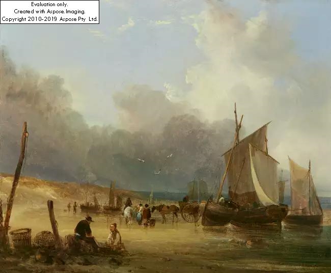 William Shayer Sr. | On the shore with boats and figures | MutualArt