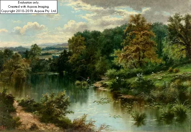 Edgar Longstaffe | A wooded river landscape with a boy fishing on a ...