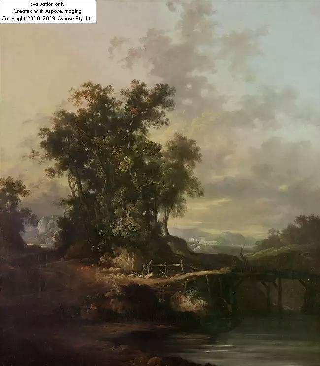 Alexander Nasmyth | An Italianate landscape with a wooden bridge over a stream | MutualArt