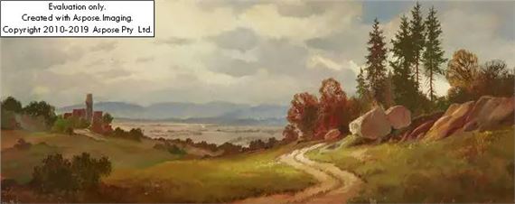 Hermann Dieste | A wooded landscape with a winding lane and mountains ...