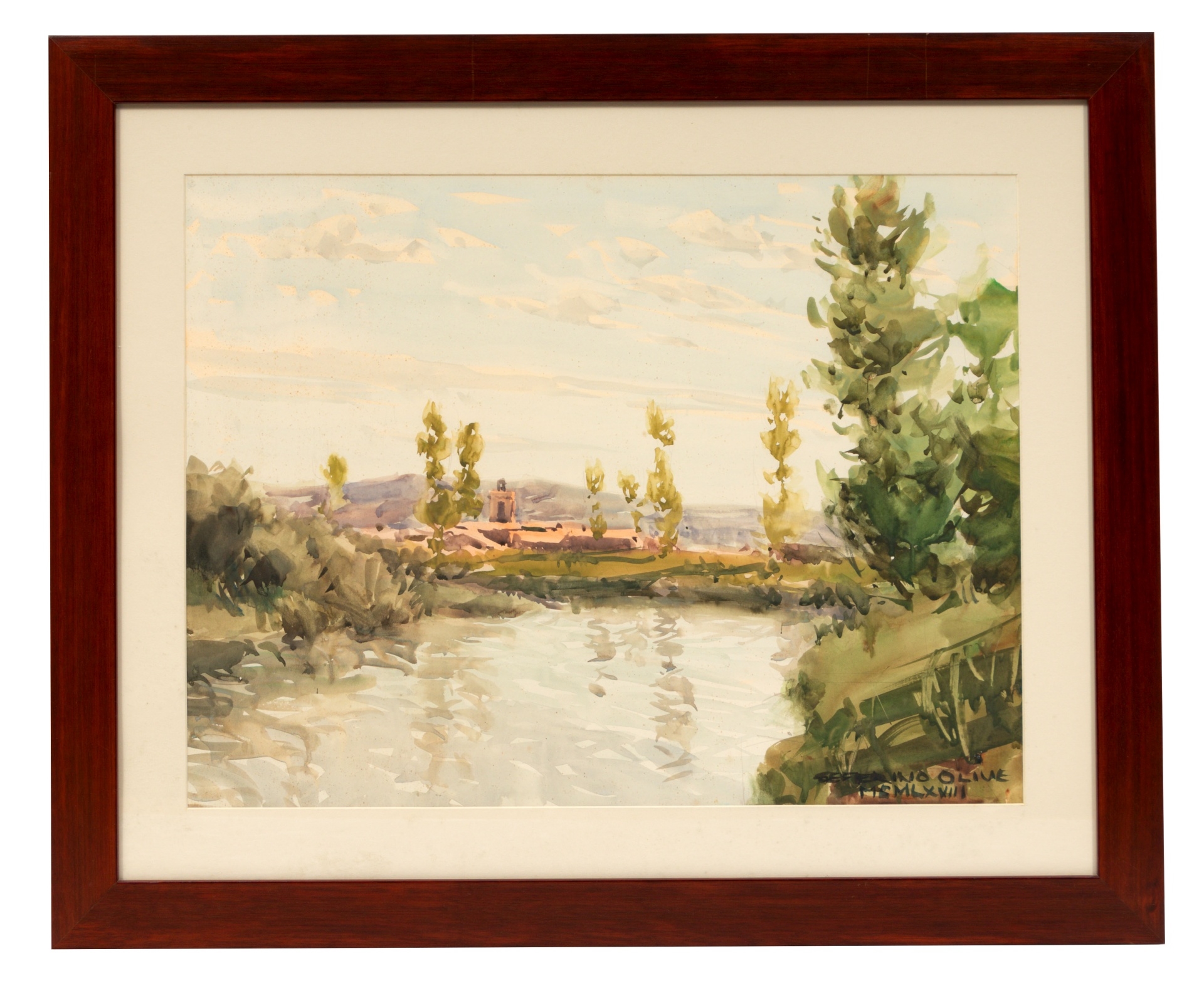 Ceferino Olivé | Paisaje con río y vista rural con iglesia al fondo ...