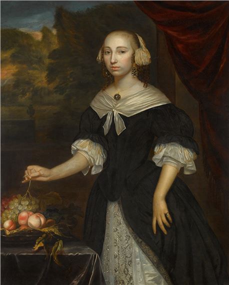 Herman Verelst | Portrait of a lady, three-quarter length, standing next to a still life of ...