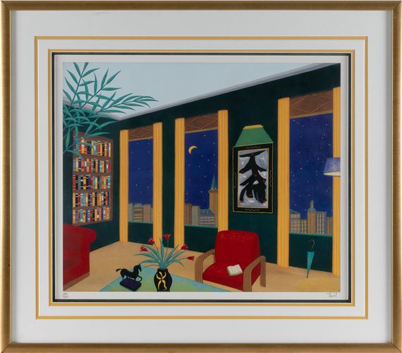 Fanch Ledan | Interior scene with a view of the evening cityscape ...