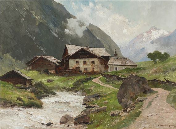 Edward Harrison Compton | Mountain farm with view of the Cima of Solda ...