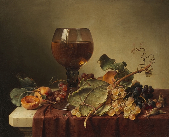 Johann Wilhelm Preyer | Stillleben mit Selbstportrait im Weinglas und ...