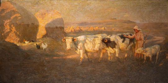 Frederick Hall | A young woman herding cattle in a sunlit evening ...