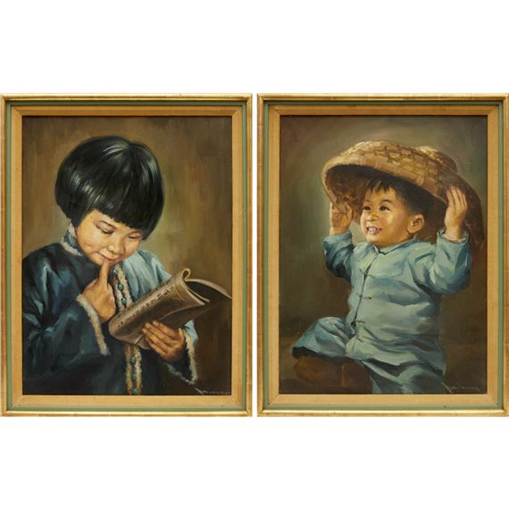 Wai Ming | Portraits of Young Boy in Hat and Girl Reading (1938 ...