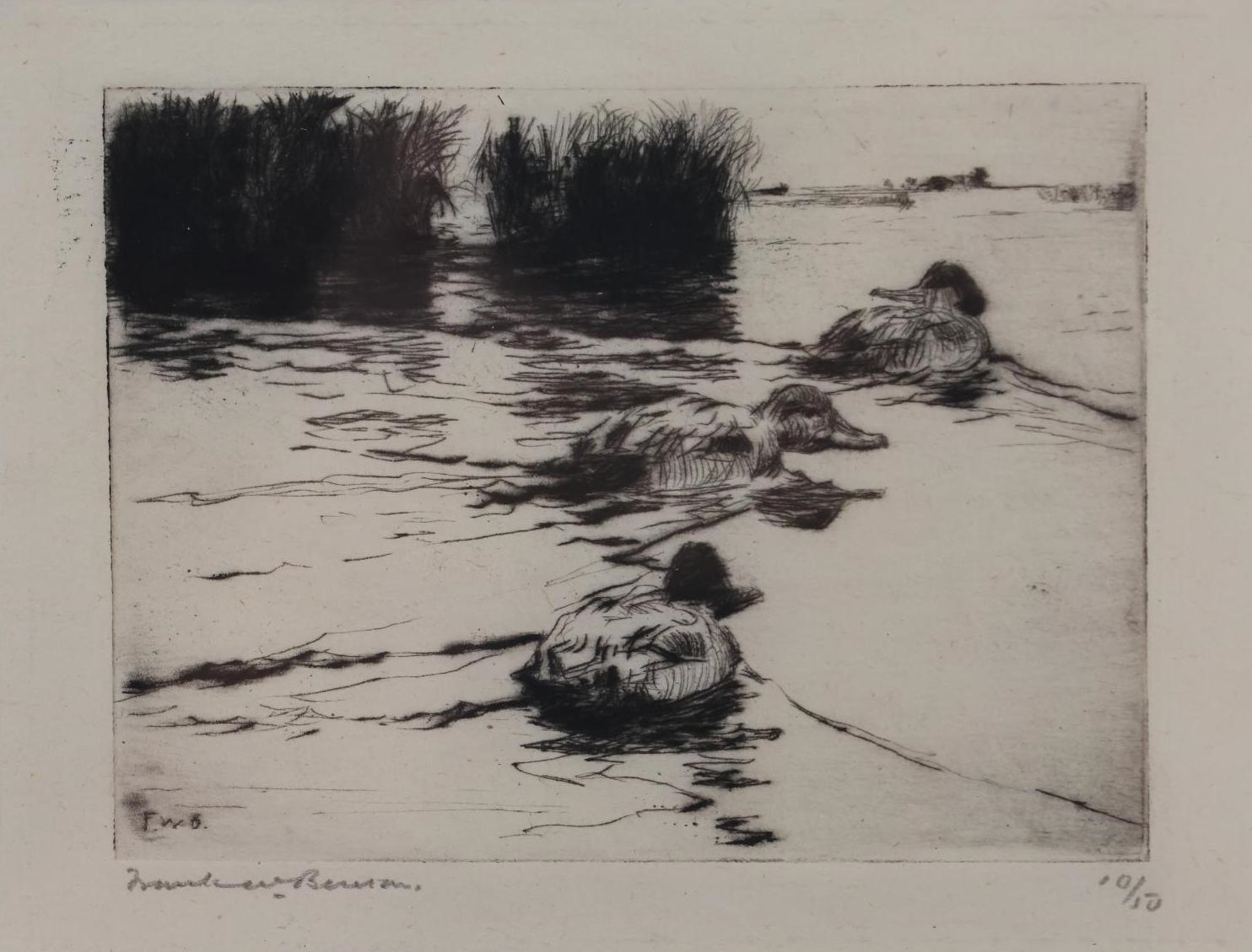 Frank Weston Benson | Three ducks swimming on a lake | MutualArt